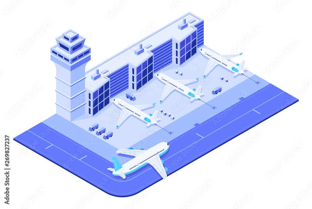 Isometric airport terminal. Jet airplane on runway, airplanes flight ...
