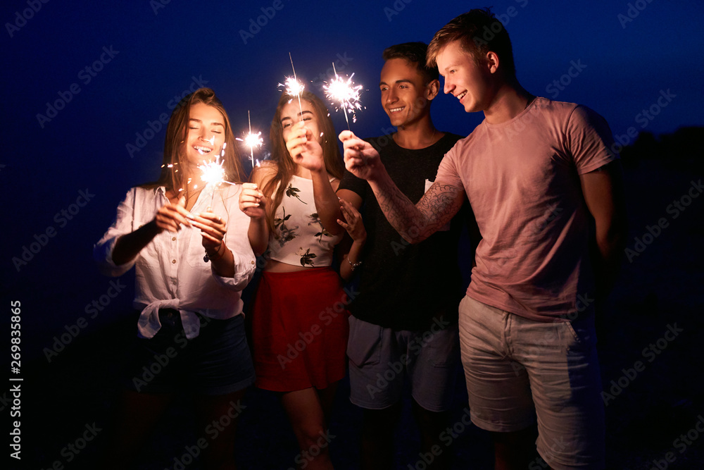 Foto de Stock Friends walking, dancing and having fun during night ...