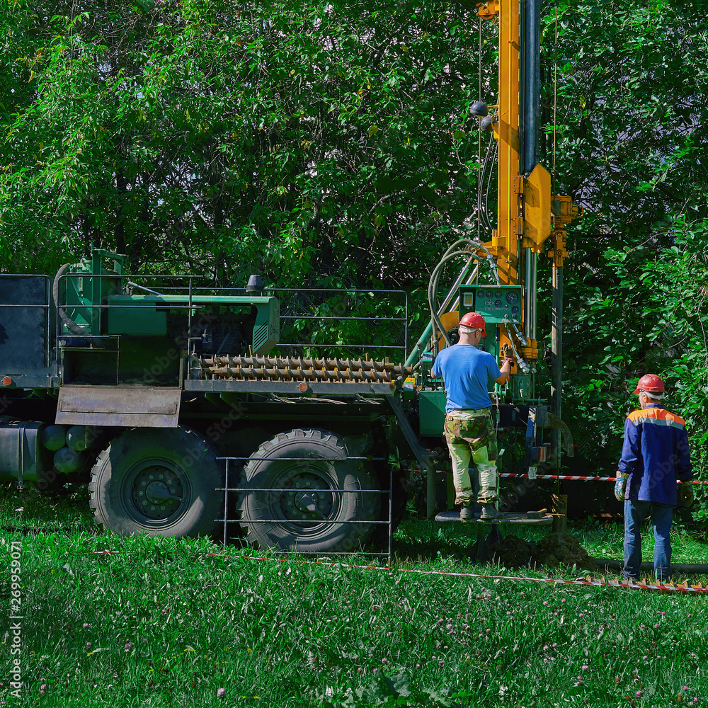 Drilling equipment engineer geologist on a truck. Work on drilling ...