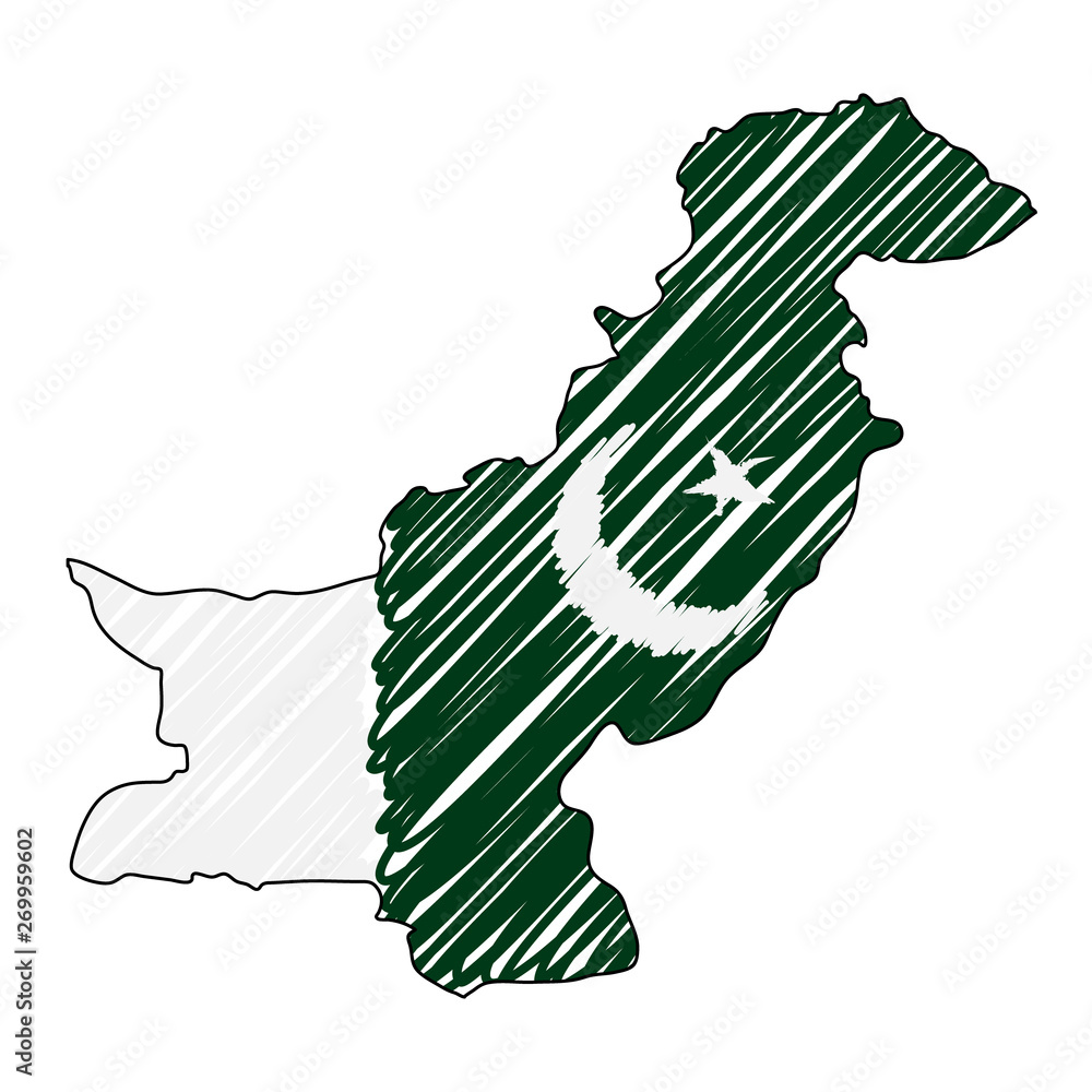 Pakistan map hand drawn sketch. Vector concept illustration flag ...
