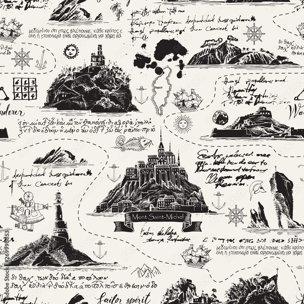 Vector seamless background on the theme of travel, adventure and ...