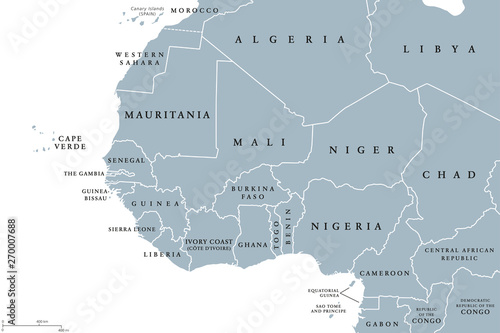 West Africa region, political map. Area with borders. The westernmost ...