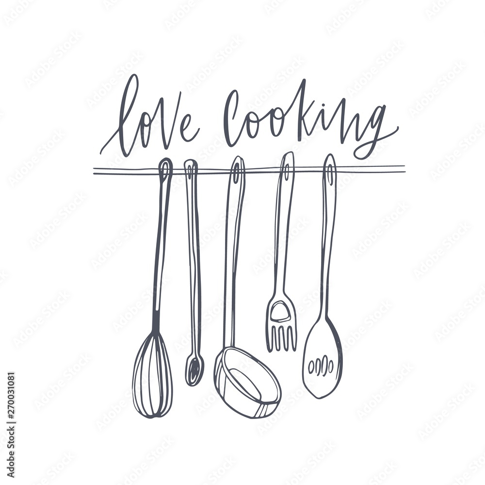 Love Cooking text written with elegant font and kitchen utensils ...