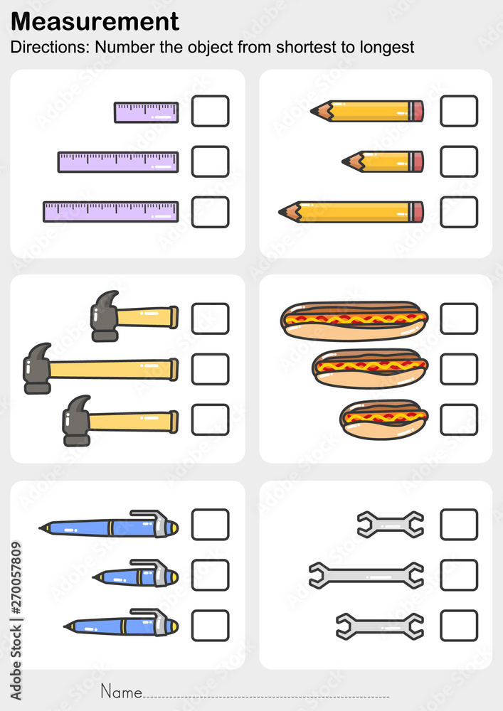 Measurement worksheet - Number the object from shortest to longest ...