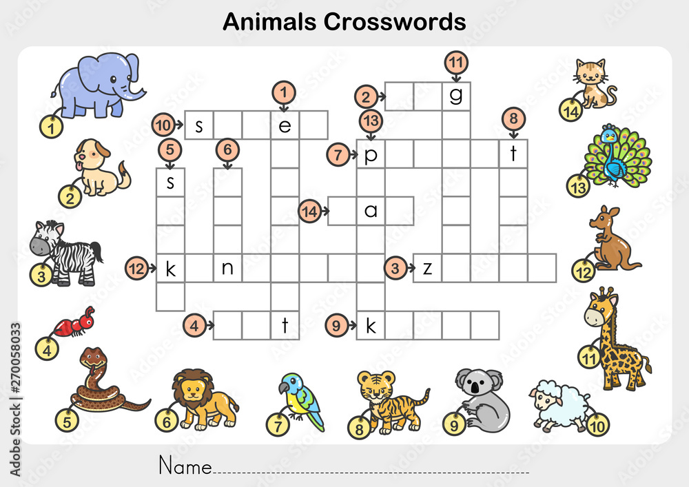 Animals Crosswords - Worksheet for education. Stock Vector | Adobe Stock