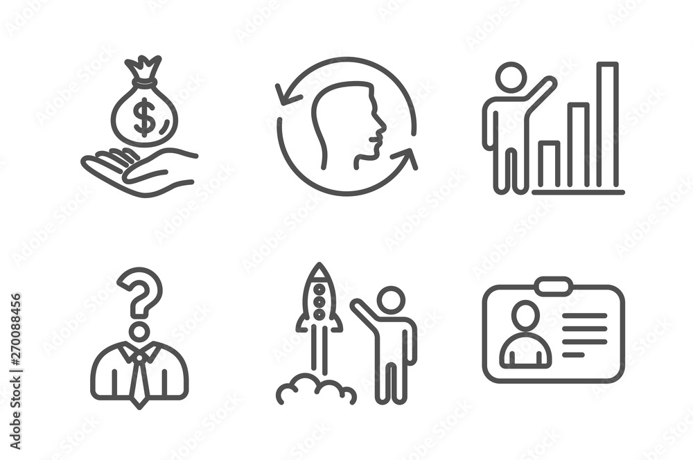 Face id, Hiring employees and Launch project icons simple set. Income ...