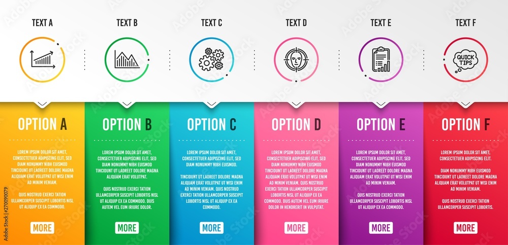 Cogwheel, Investment graph and Checklist icons simple set. Face detect, Chart and Quick tips ...