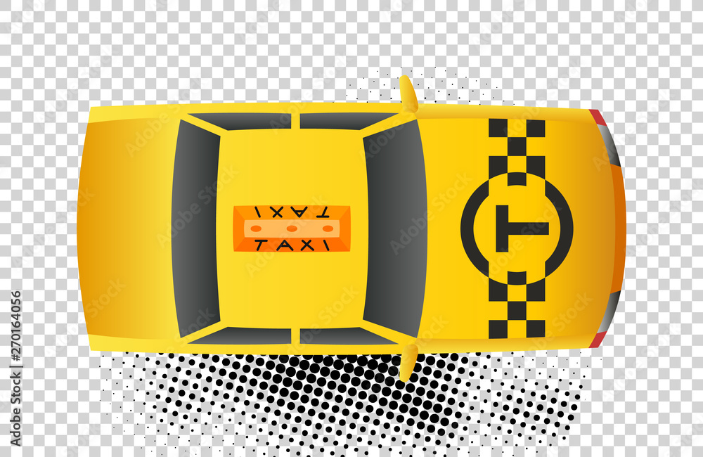 Taxi car top view icon. Yellow taxicab sedan with checker top light box ...