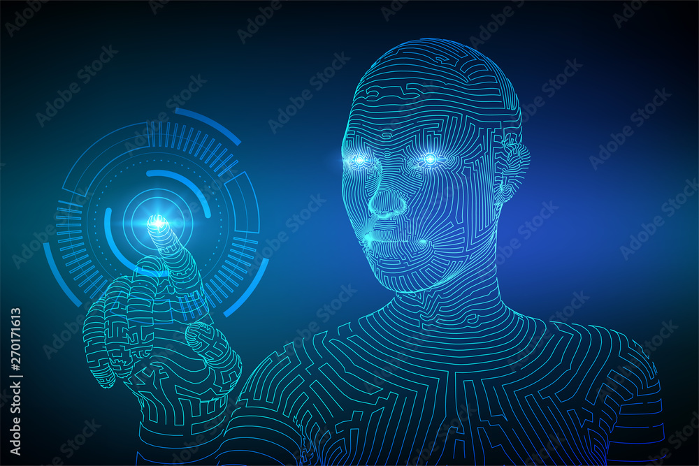 Wireframed female cyborg touching digital graph interface. AI ...