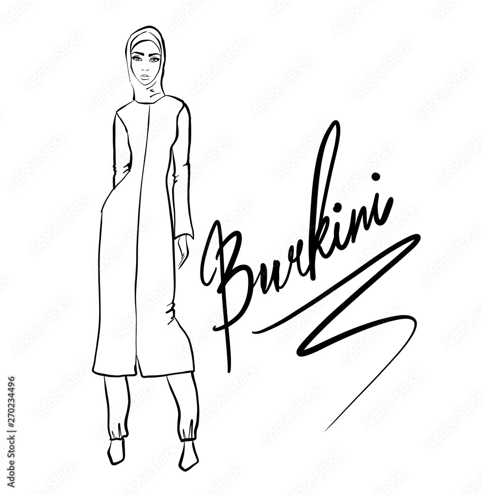 beautiful arab girls in burkini. Hand drawn illustration of young ...