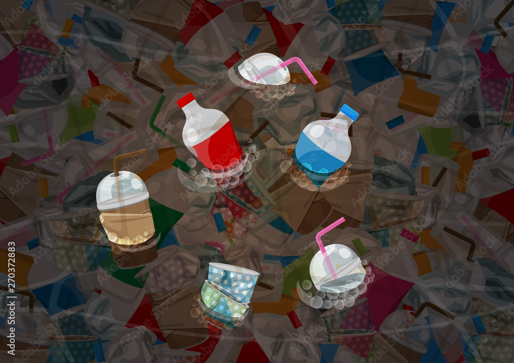 plastic bottles waste float on the water top view, rotten dirty surface ...