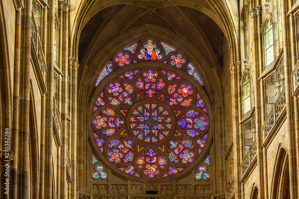 Prague, Czech Republic-February 01, 2019. Stained-glass window of main ...