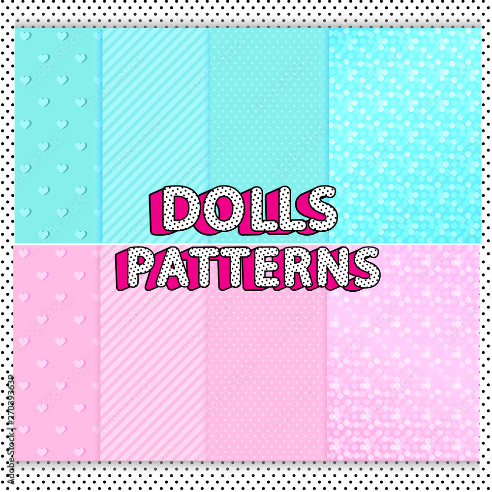 Set of cute dolls vector patterns. Printable A4 sheets striped, glitter ...