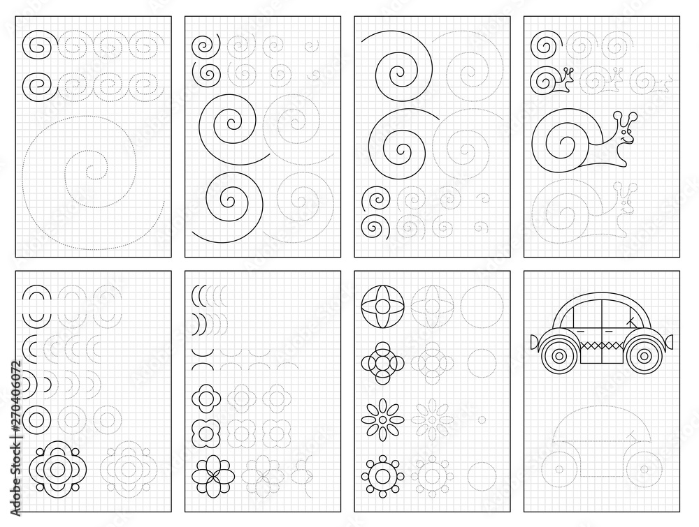Set of black and white educational pages on square paper for kids ...