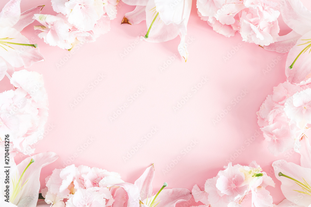 Flowers composition. Pink and white flowers on pastel pink background ...