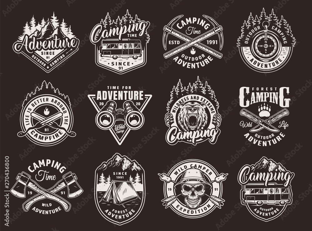 Vintage monochrome camping labels set Stock Vector | Adobe Stock