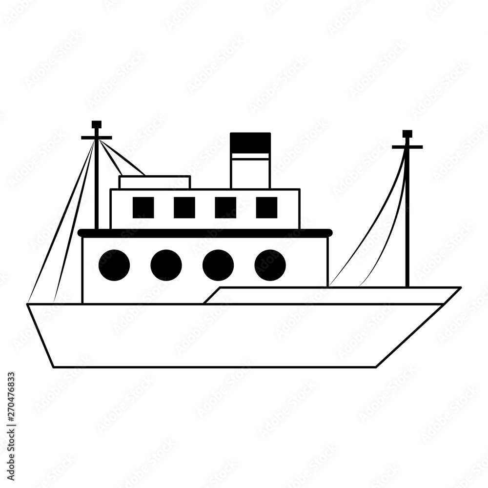 Fish ship boat sideview isolated cartoon in black and white Stock ...