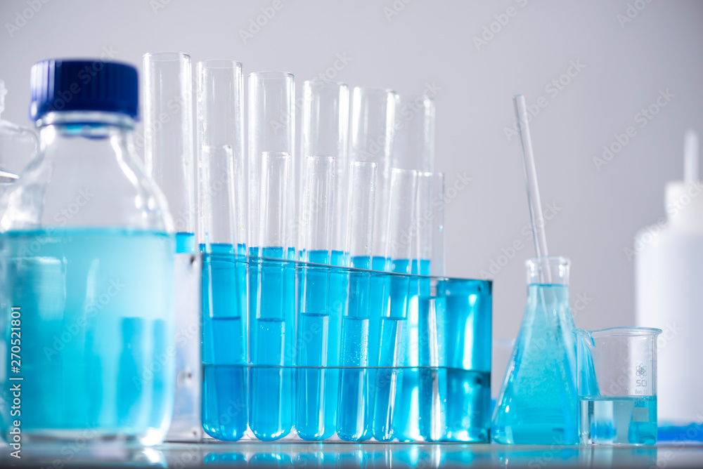 Test tube of glass overflows new liquid solution potassium blue ...