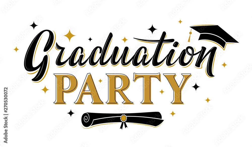 Graduation party greeting sign with stars, cap and diploma. Vector for ...