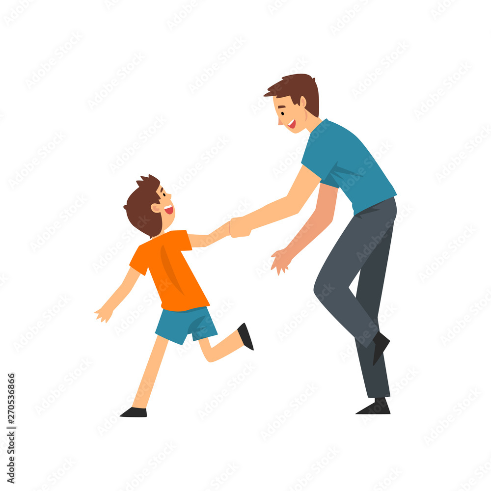 Dad and Son Playing Catch Up and Tag Game, Father and His Child Having ...