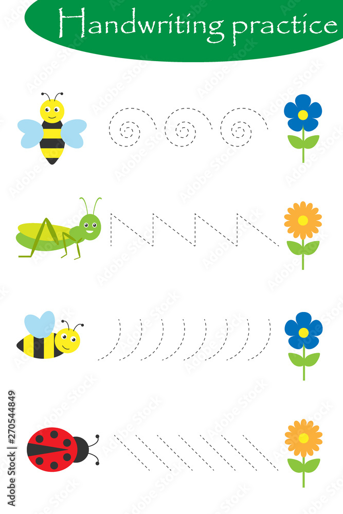 Insects in artoon style, handwriting practice sheet, kids preschool ...