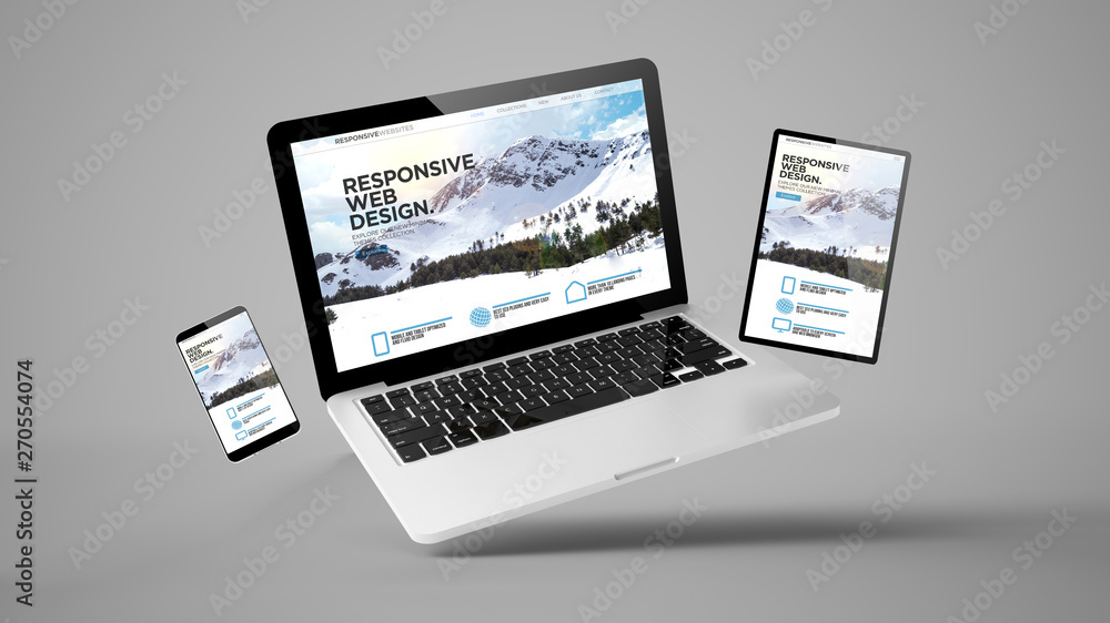 flying tablet, laptop and mobile phone showing responsive web design ...