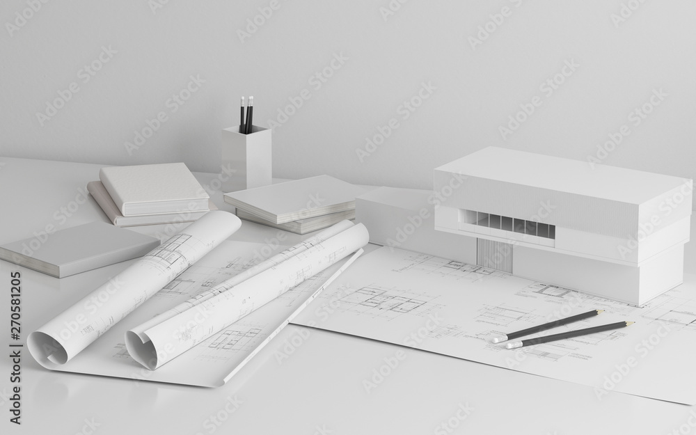 Mock-up of architectural construction drawing paper with white building ...