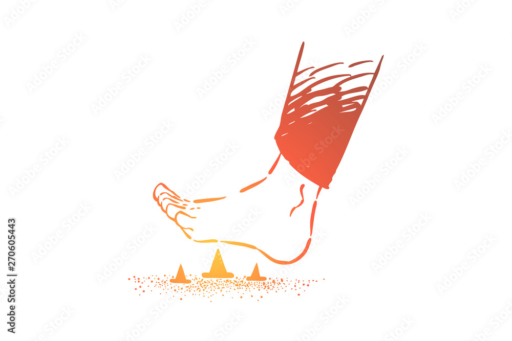 Stepping on metal pins barefoot, foot stepping on spiky pin and tack on ...