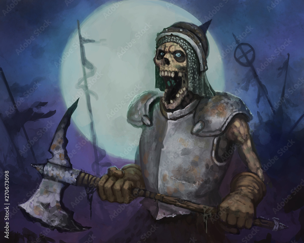 Terrifying skeleton warrior carrying an ax into battle in front of a ...
