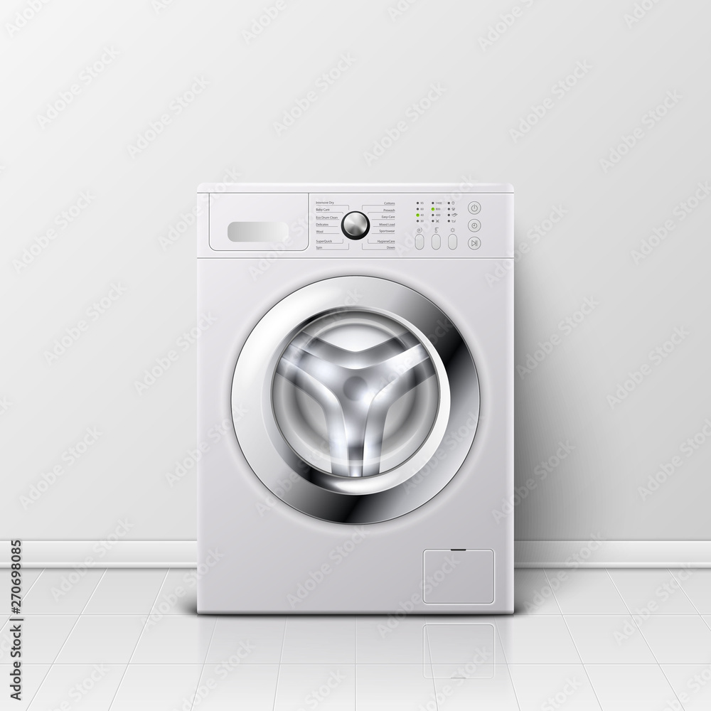 Vector Background with 3d Realistic Modern White Steel Washing Machine ...