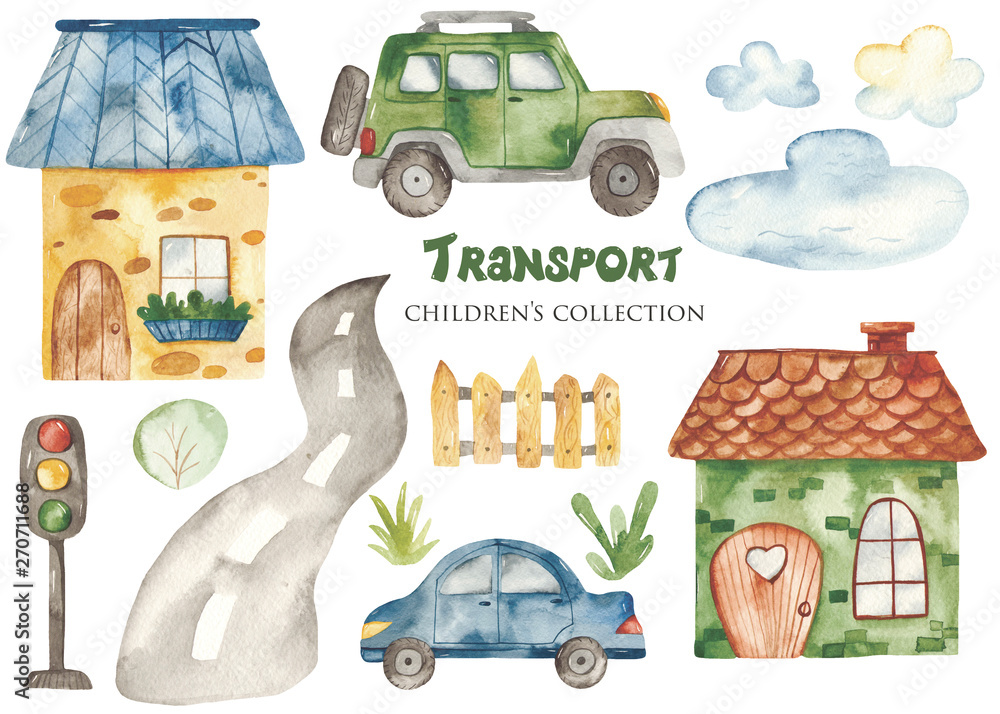 Watercolor set with a cute cartoon kids transport for a boy. Cars, bus ...