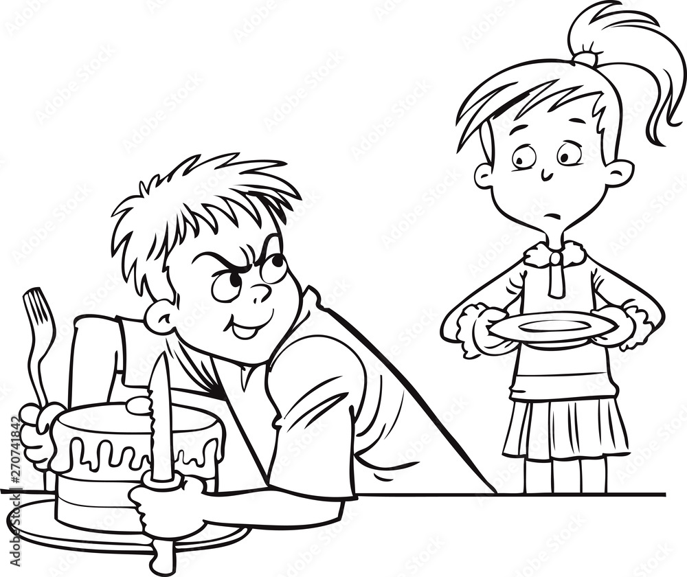 Greedy cartoon boy not wanting to share his cake Stock Vector | Adobe Stock