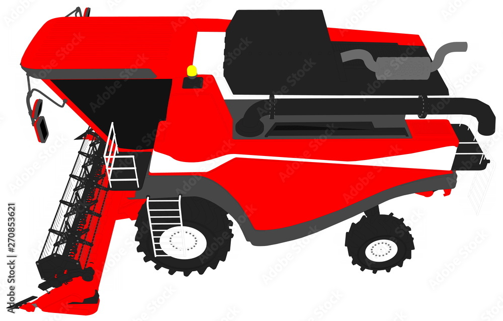 cartoon colored 3D model of large red wheat harvester on white, clip ...