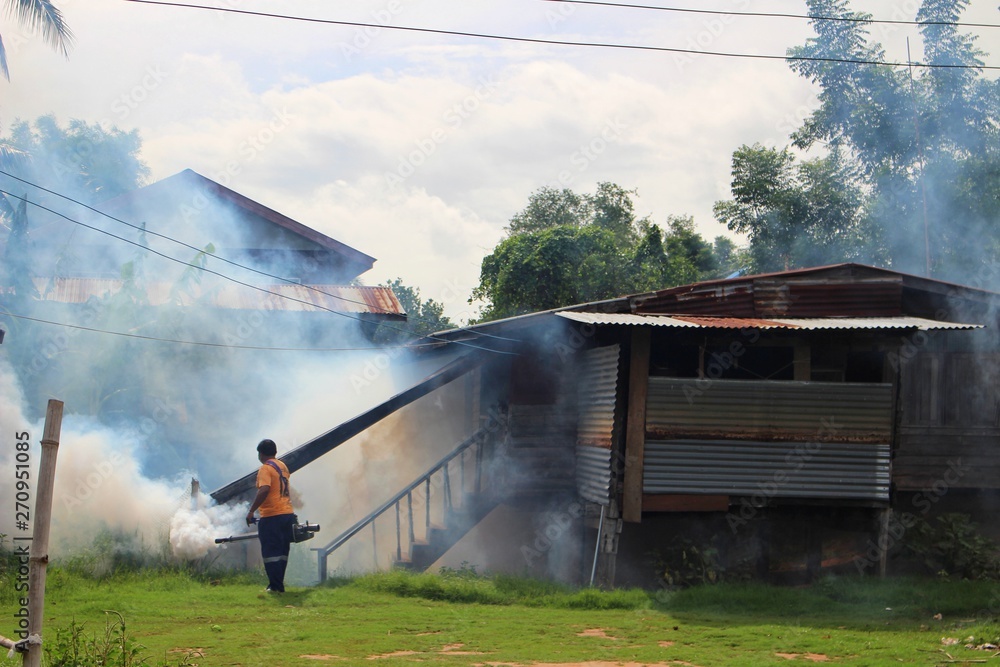 Employees are using fogging machines to get rid of mosquitoes to ...