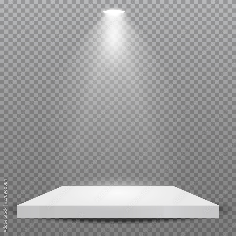 Square podium, pedestal or platform illuminated by spotlights on ...