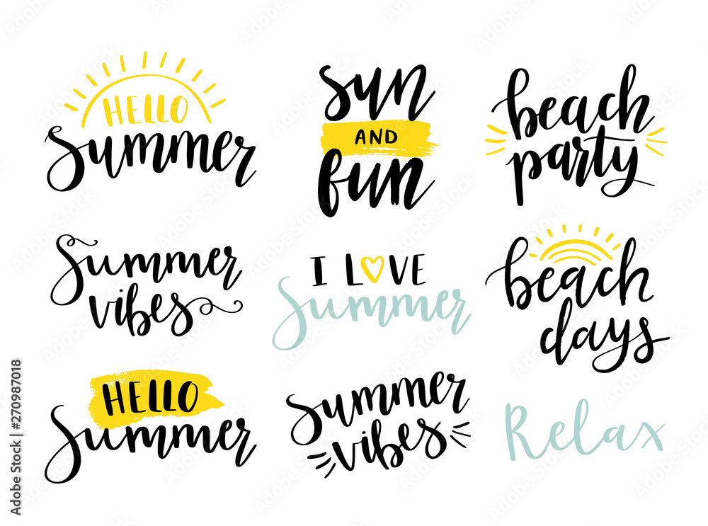Summer hand lettering quotes. Summer labels, logos, tags, hand drawn ...