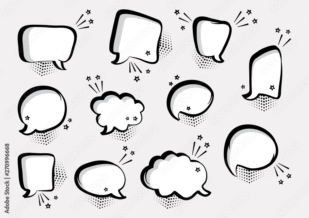 Set of empty comic speech bubbles different shapes with stars, hand ...