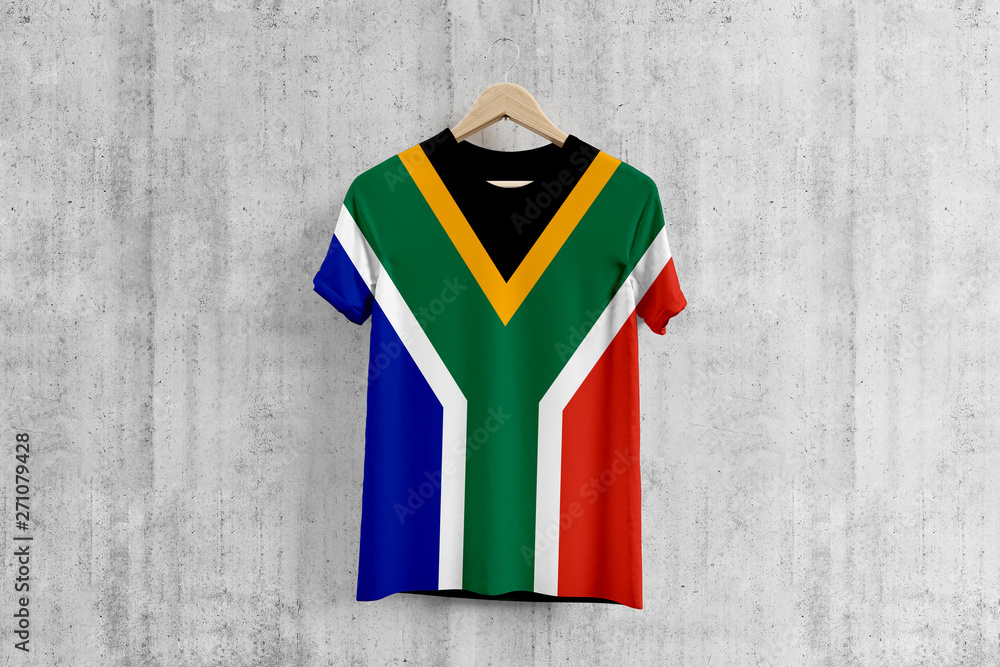 South Africa flag T-shirt on hanger, African team uniform design idea ...