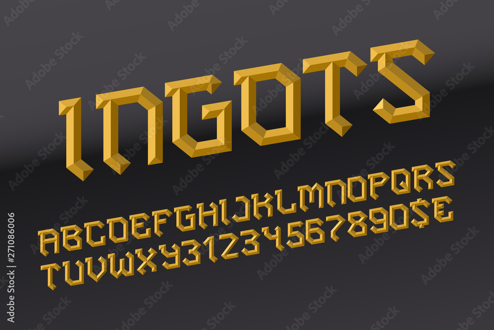 Ingots letters with numbers and currency signs. Golden faceted font ...