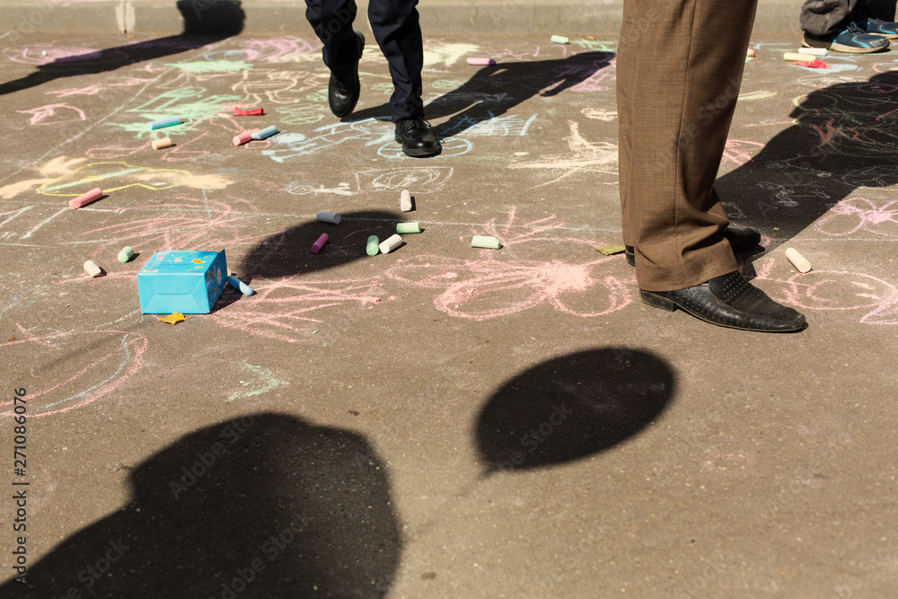 MOSCOW, RUSSIA - SEPTEMBER 01, 2016: Scattered colored crayons and ...