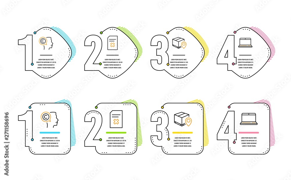 Parcel tracking, Writer and Delete file icons simple set. Notebook sign ...