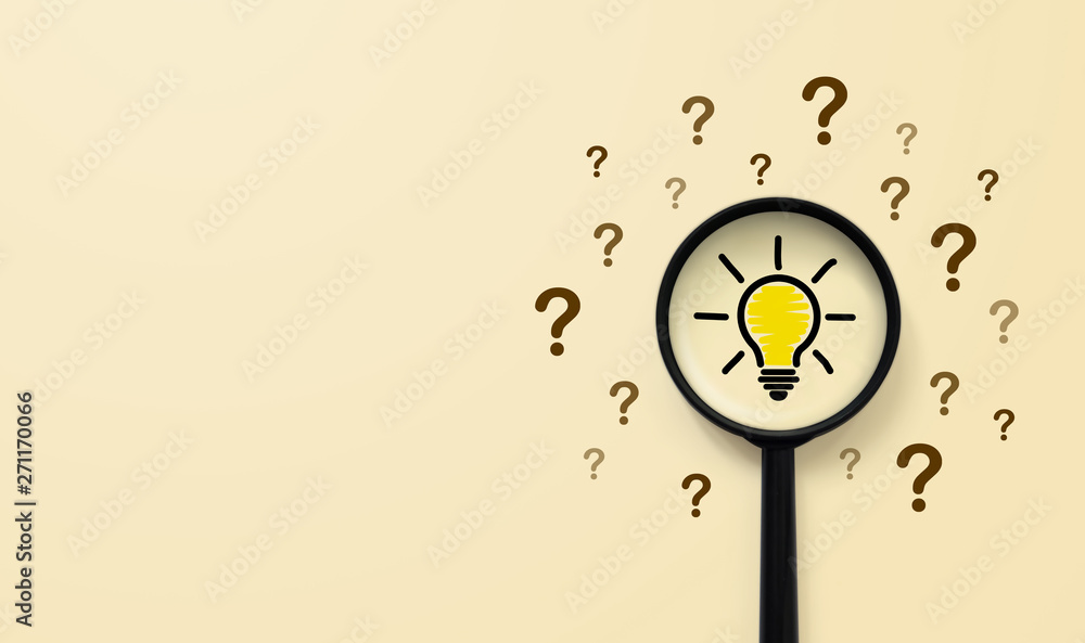Magnifying glass with light bulb icon and question mark symbol. Concept creative idea and ...