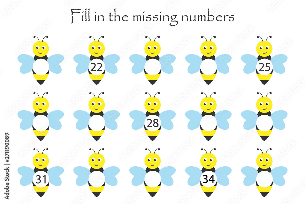 Game with bees for children, fill in the missing numbers, middle level ...