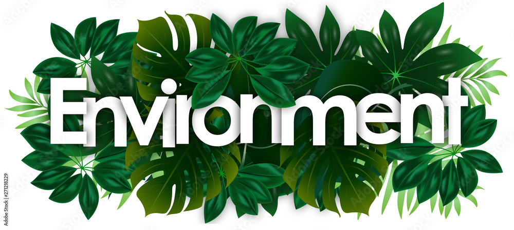 environment word and green tropical’s leaves background Stock ...