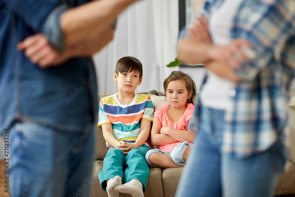 family problem, conflict and people concept - sad children watching ...