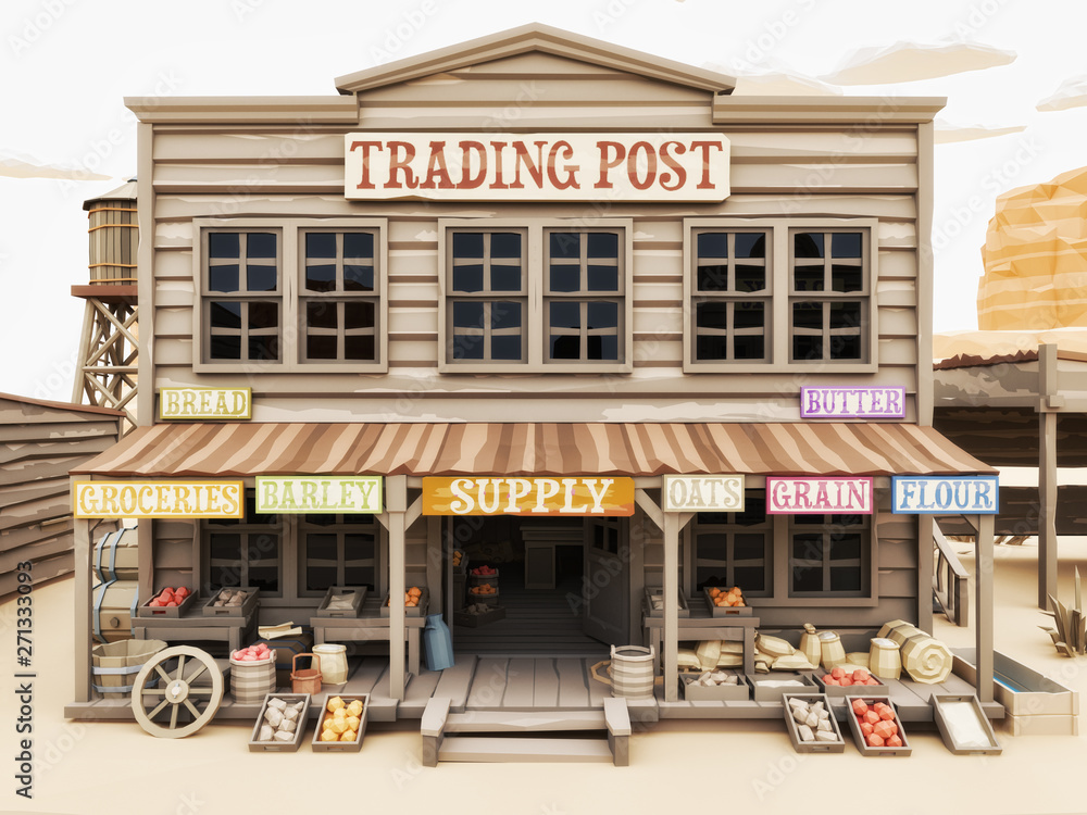 Polygon Illustration toon style of a western town Trading Post with ...