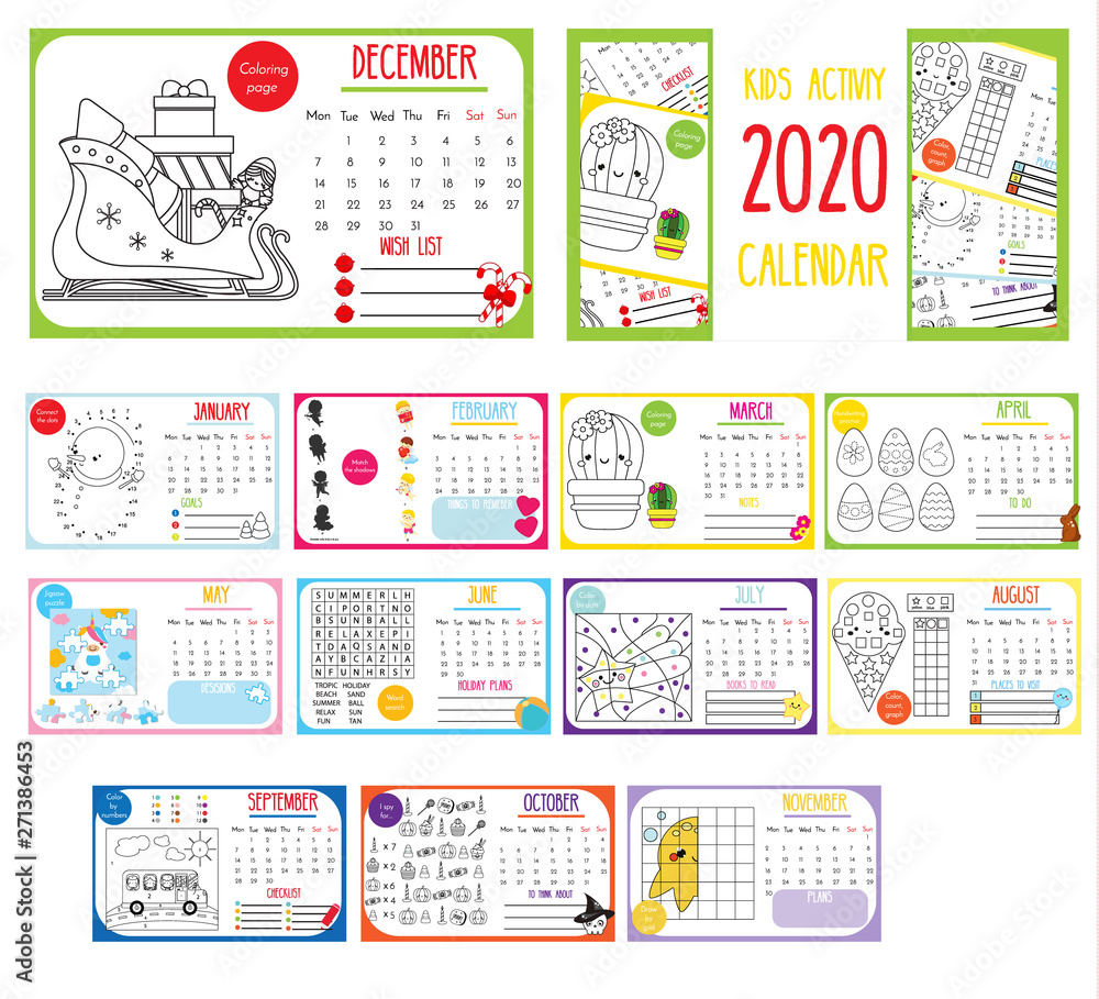Kids activity calendar. 2020 annual calendar with educational games for ...