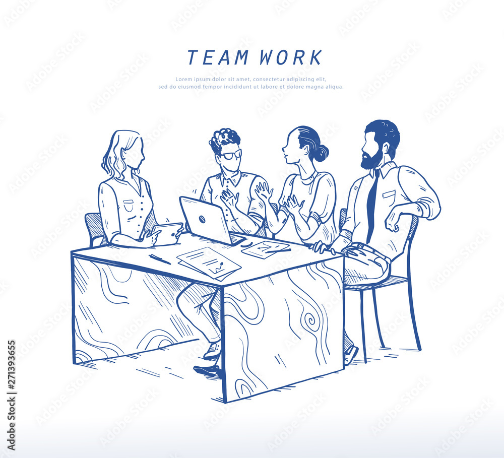 Vector illustration of office people discussing at table, teamwork ...