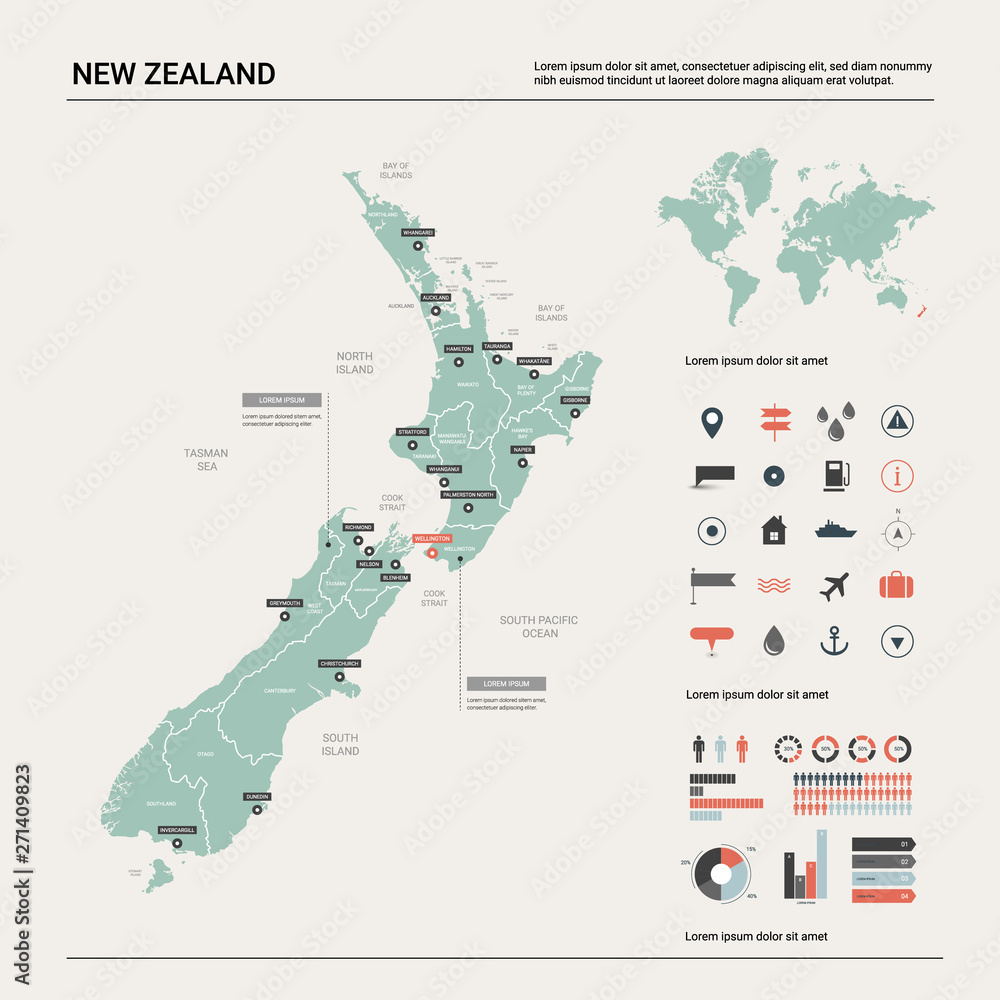 Vector map of New Zealand. Country map with division, cities and ...