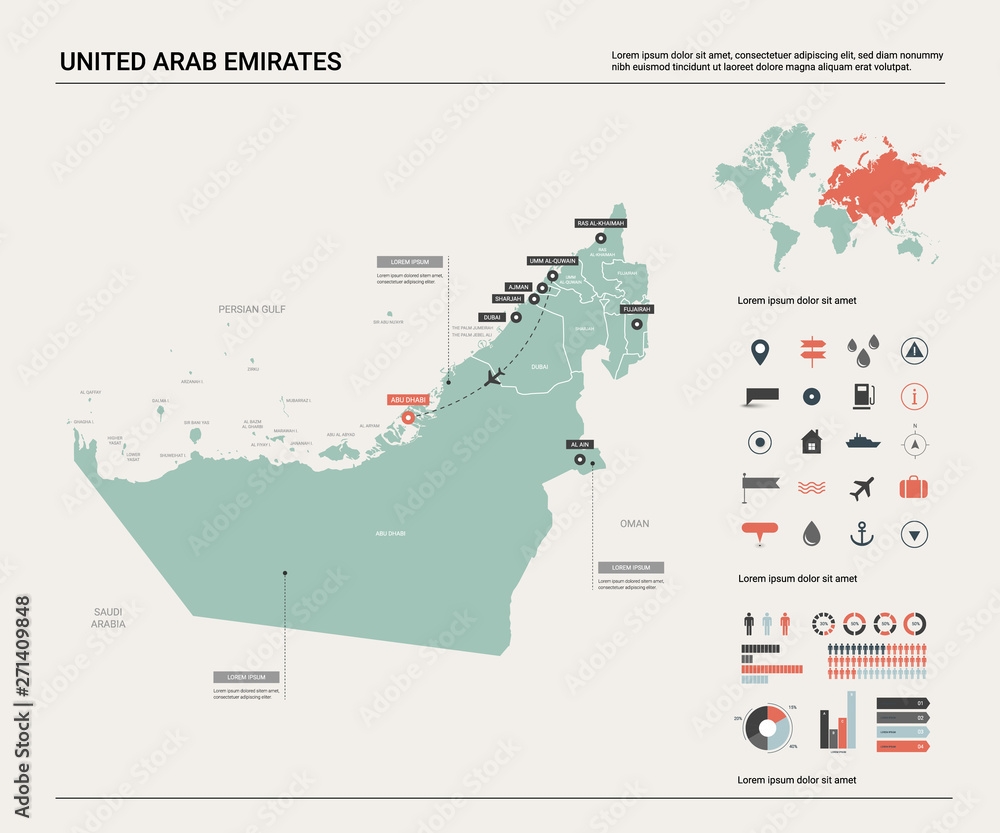 Vector map of United Arab Emirates. Country map with division, cities ...
